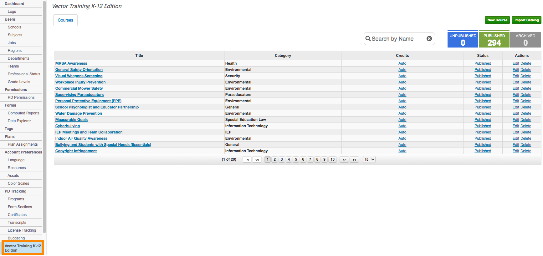 Vector Training Integration Preferences for System Administrators