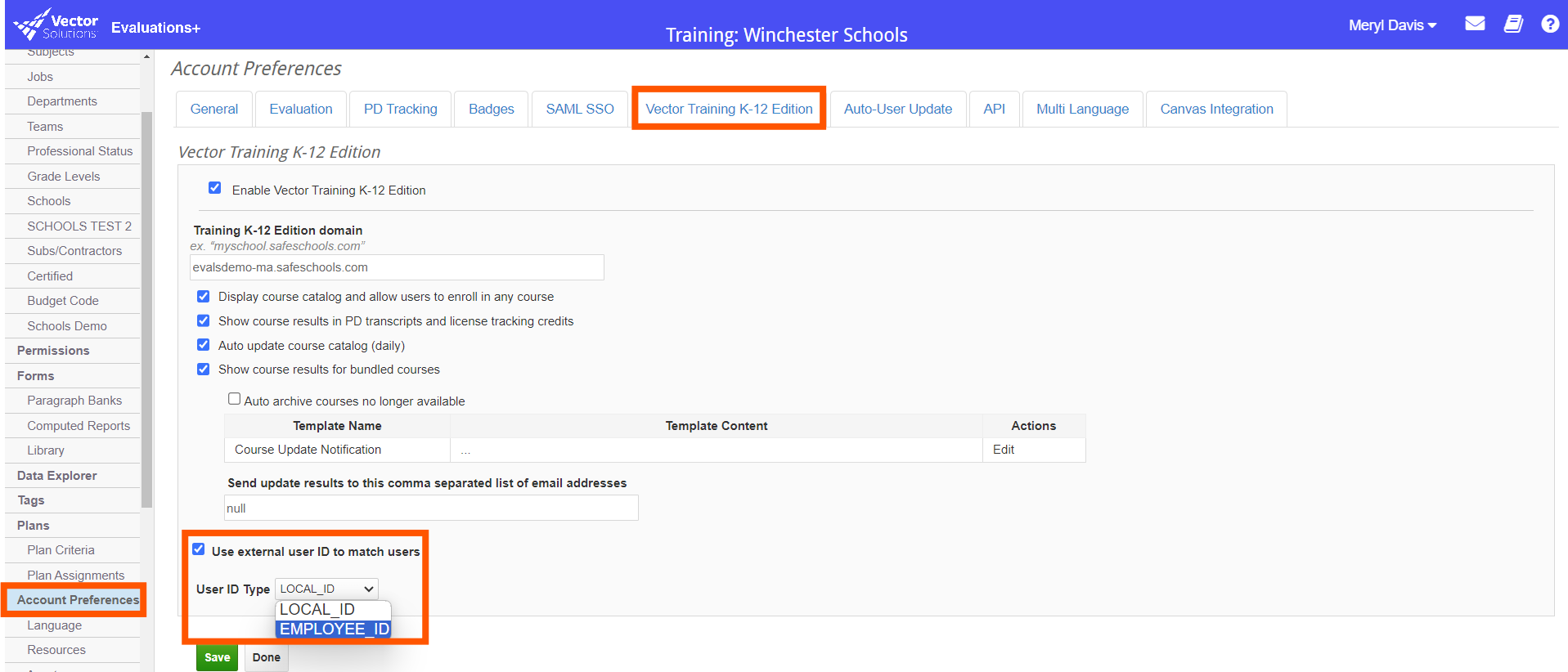 Vector Training Integration Preferences for System Administrators